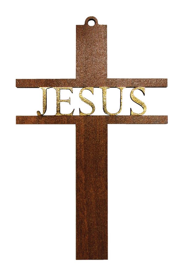 Brown Wooden Crucifix, Golden finish Jesus Inscription, 6"